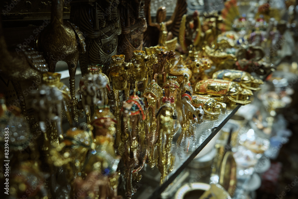 Egyptian souvenir shop. Pharaohs, camels, scarabs and other traditional ...