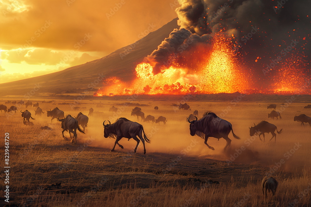Animals fleeing a volcanic eruption. An ecological disaster with ...