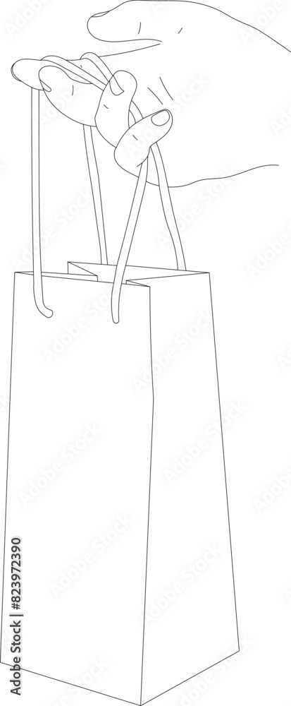 Line drawing of hand holding shopping bags and credit card. Simple paper bag line art vector ...
