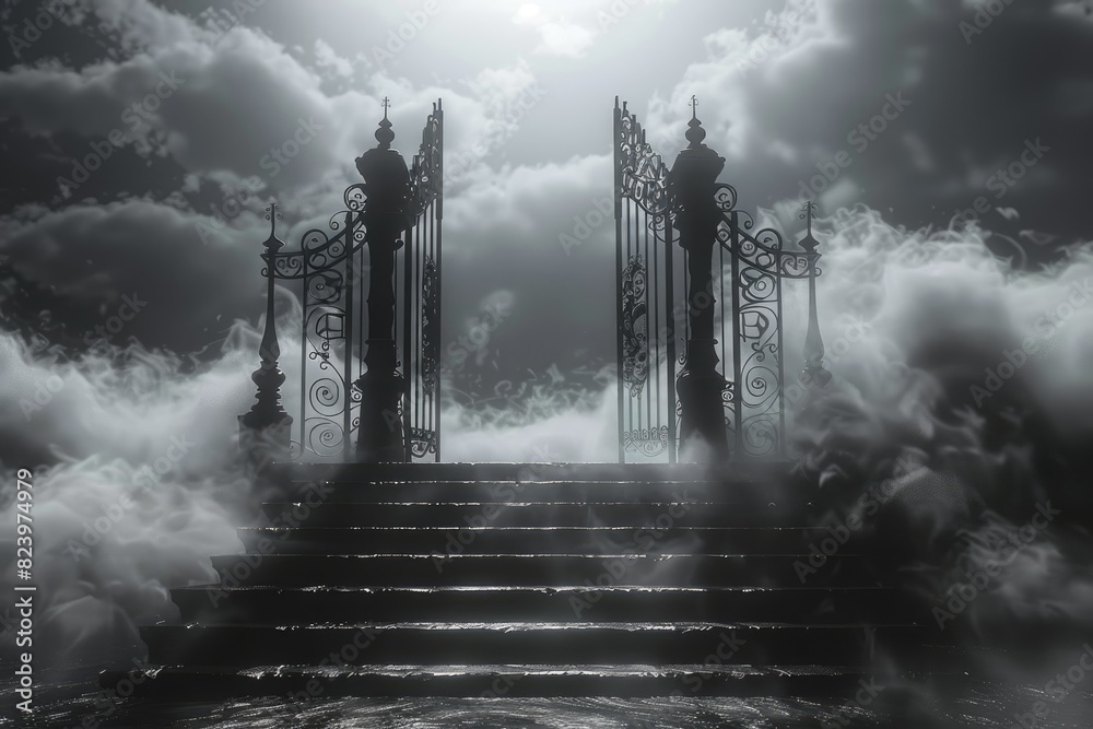 Black long stairs to heaven, iron gates partly open above, clouds on ...