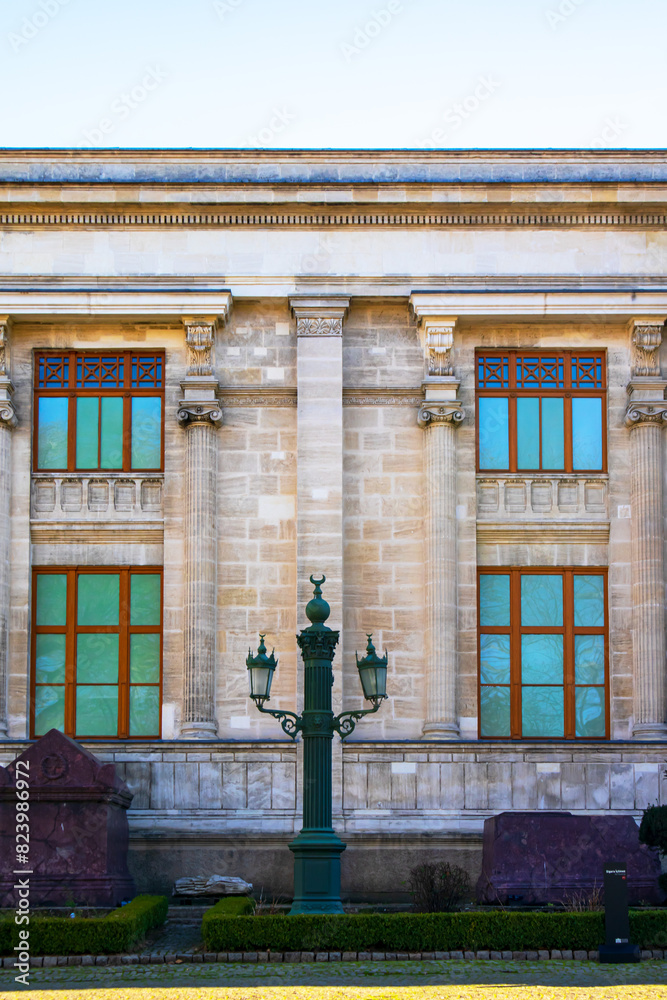the facade of the classic style museum and sarcophagus in the garden ...
