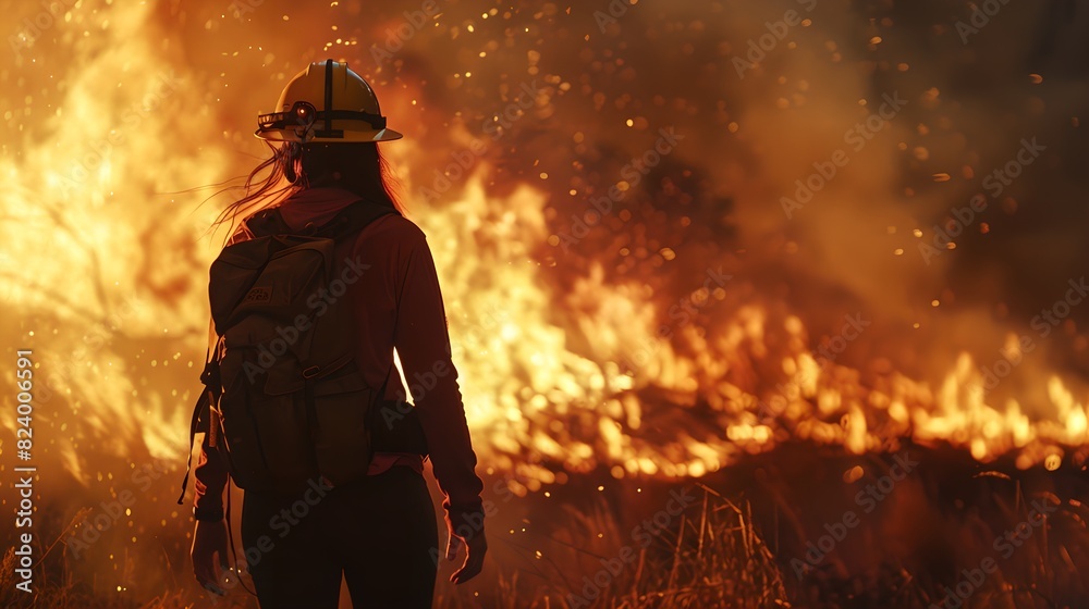 Female firefighter watching wildfire flames. Climate change and global ...