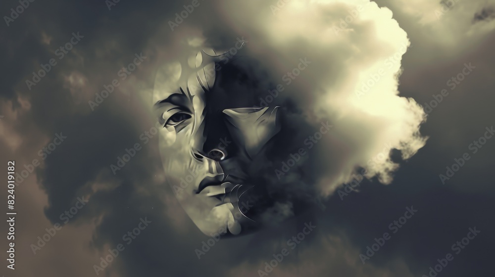 Striking digital art of a face enshrouded by dark, swirling clouds ...