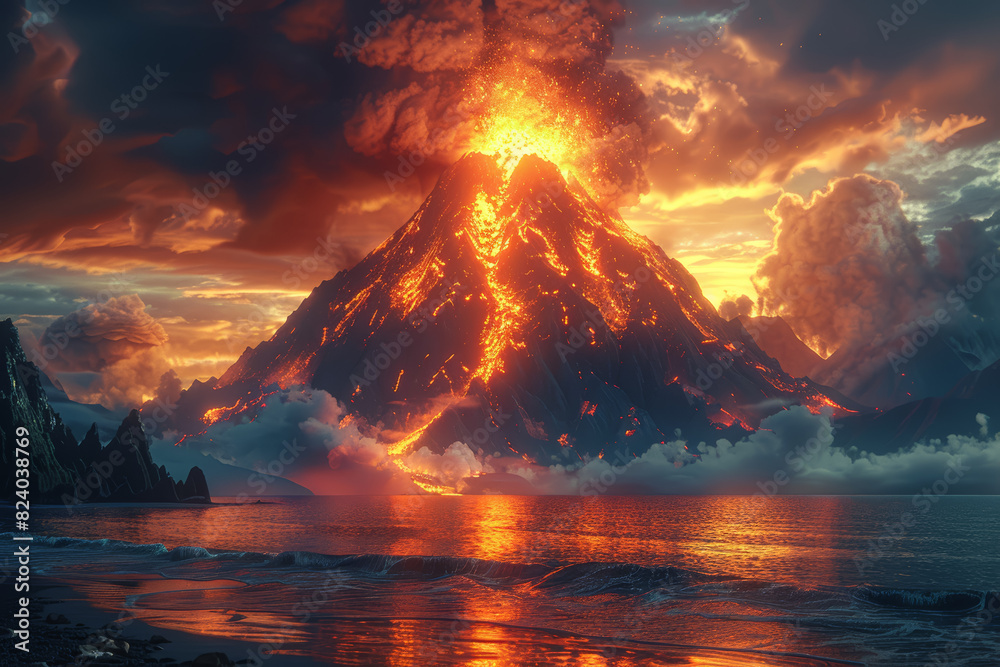 A volcano erupting and then calming into a peaceful island. Concept of ...