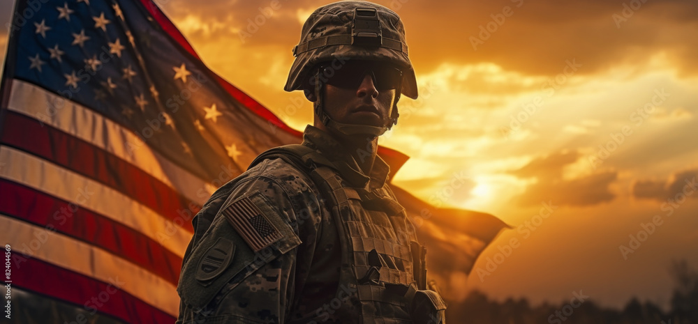 Soldier and USA flag on sunrise background .Concept National holidays ...