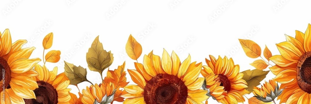 Hand drawn sunflower border with autumn colors a white background a ...