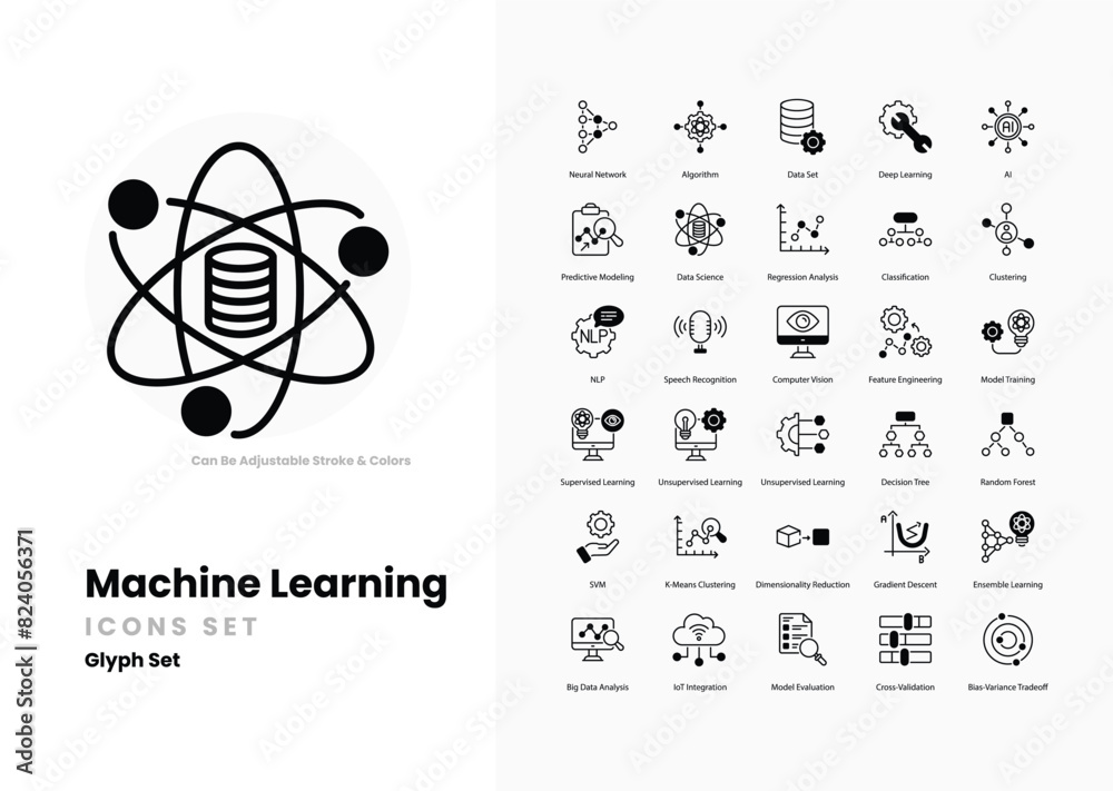 machine learning icons collection. Set contains such Icons as algorithm, neural network ...