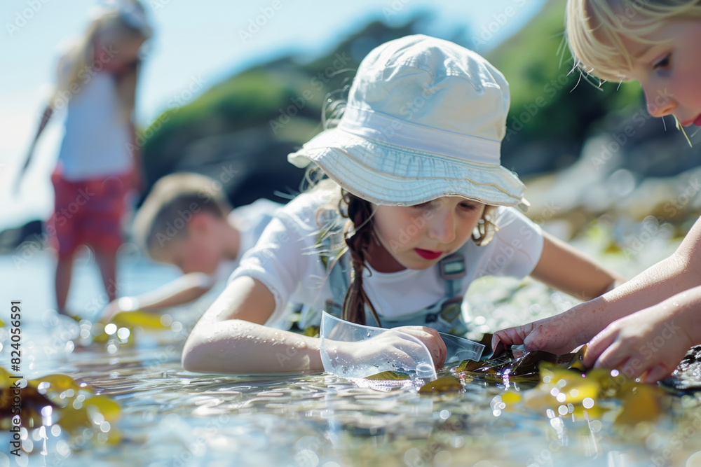 Inspired children participating in a marine biology camp, exploring ...