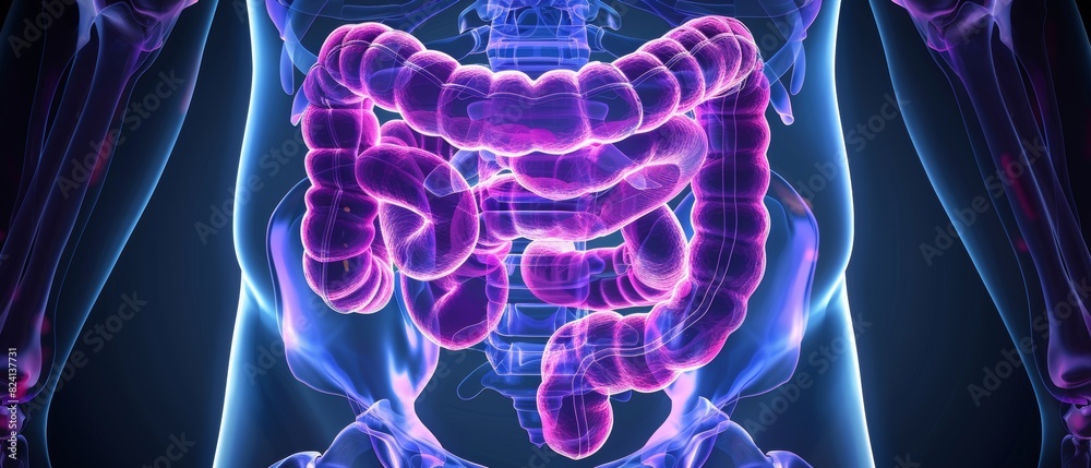 Digital illustration of the human digestive system highlighting the ...