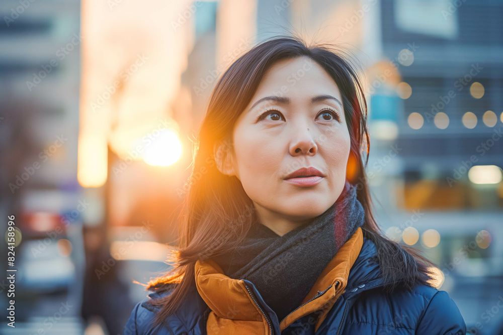 Determined Asian Journalist in Her 40s Reporting News at Sunrise ...