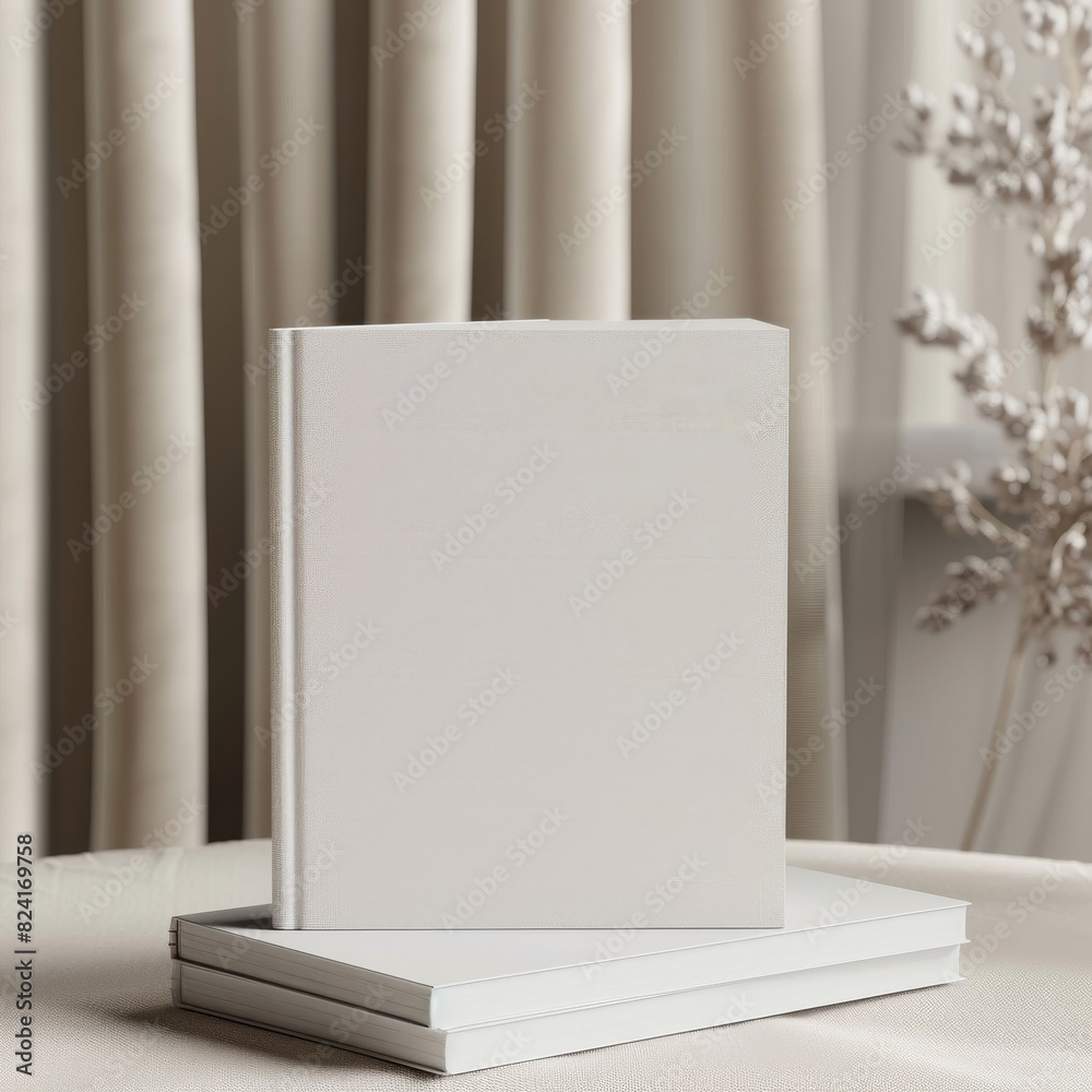 A white book mockup with no text. The cover features white paper ...