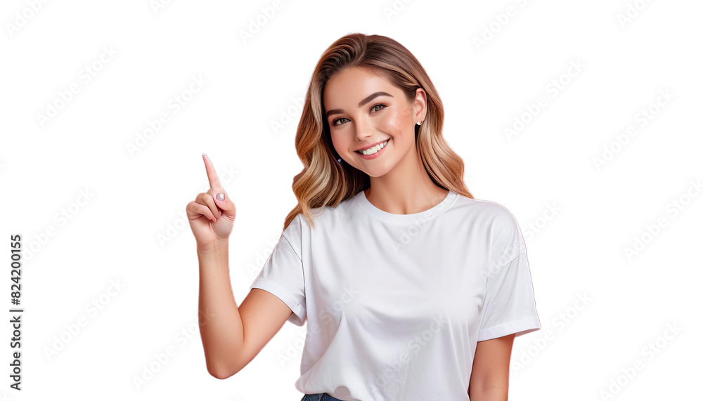 finger banner beautiful pointing copy althy smiling woman light pink ...