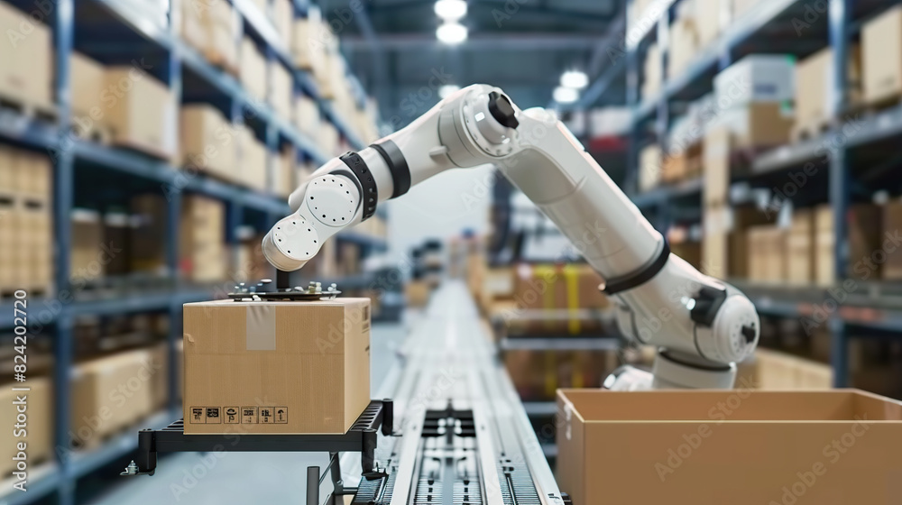 Industrial robot arm grabbing the cardboard box on roller conveyor rack ...