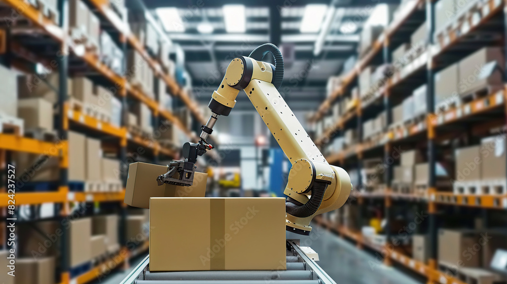 Industrial robot arm grabbing the cardboard box on roller conveyor rack ...