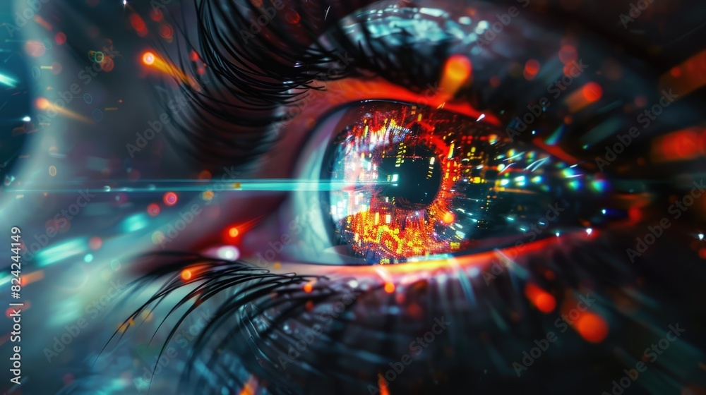 Digital eye with digital data flowing in the iris, representing ...