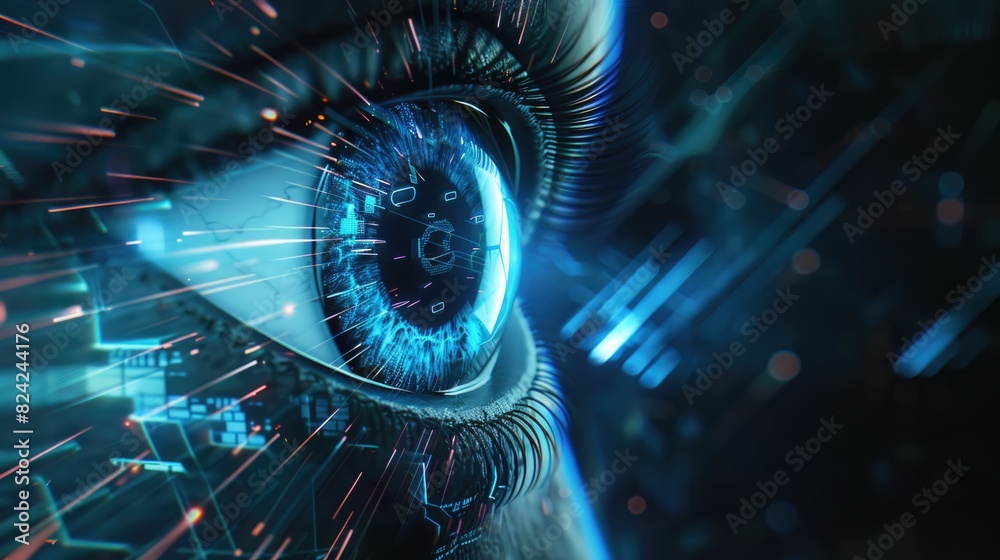 Digital eye with digital data flowing in the iris, representing ...