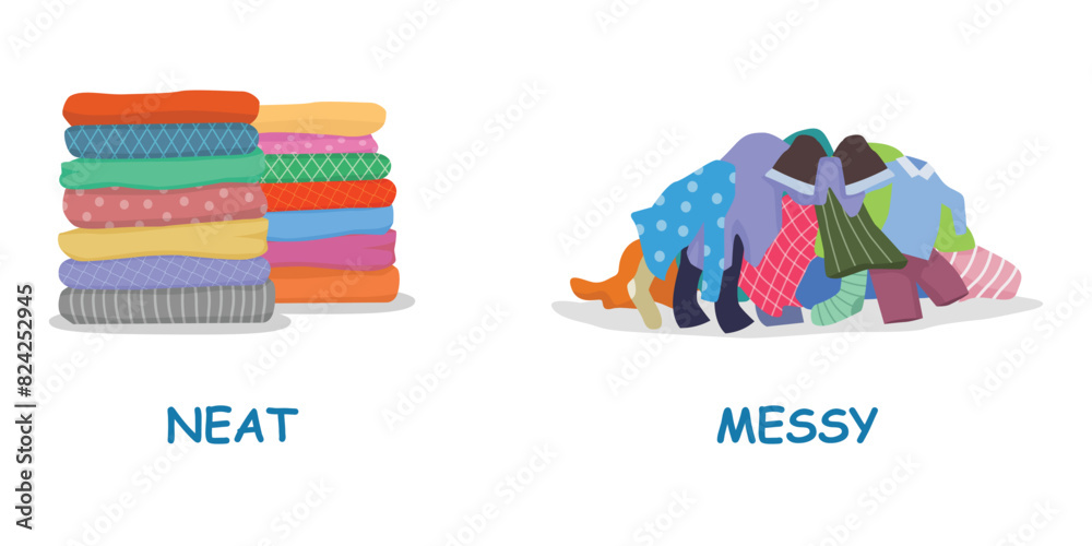 Opposite adjective antonym words neat and messy illustration of pile of ...