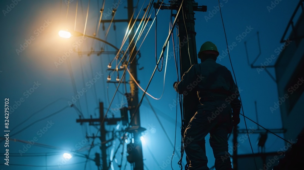 A dedicated electrician working on power lines at night, illuminated by ...