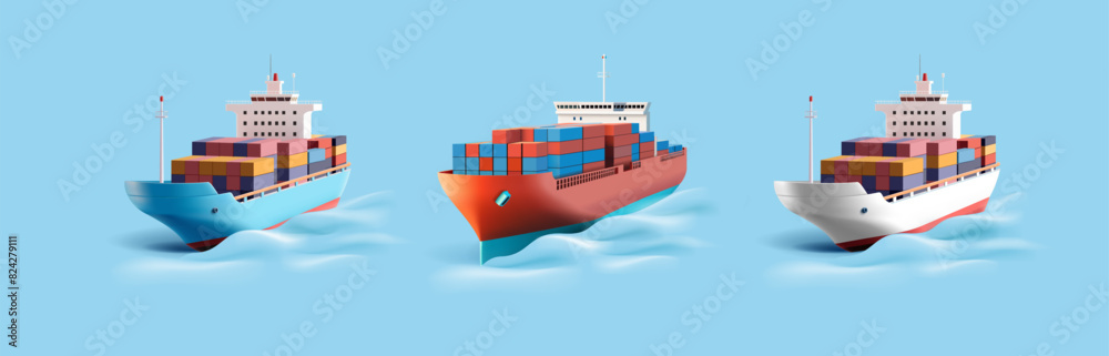 Set of colored cargo ships with containers, 3D. Rendering of cargo ...