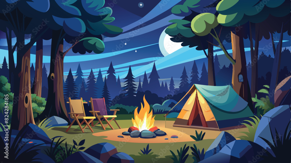 camping in the middle of the forest at night vector illustration Stock ...