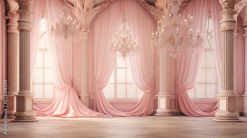 Elegant Pink Ballroom with Chandeliers Digital Wedding Backdrop for ...