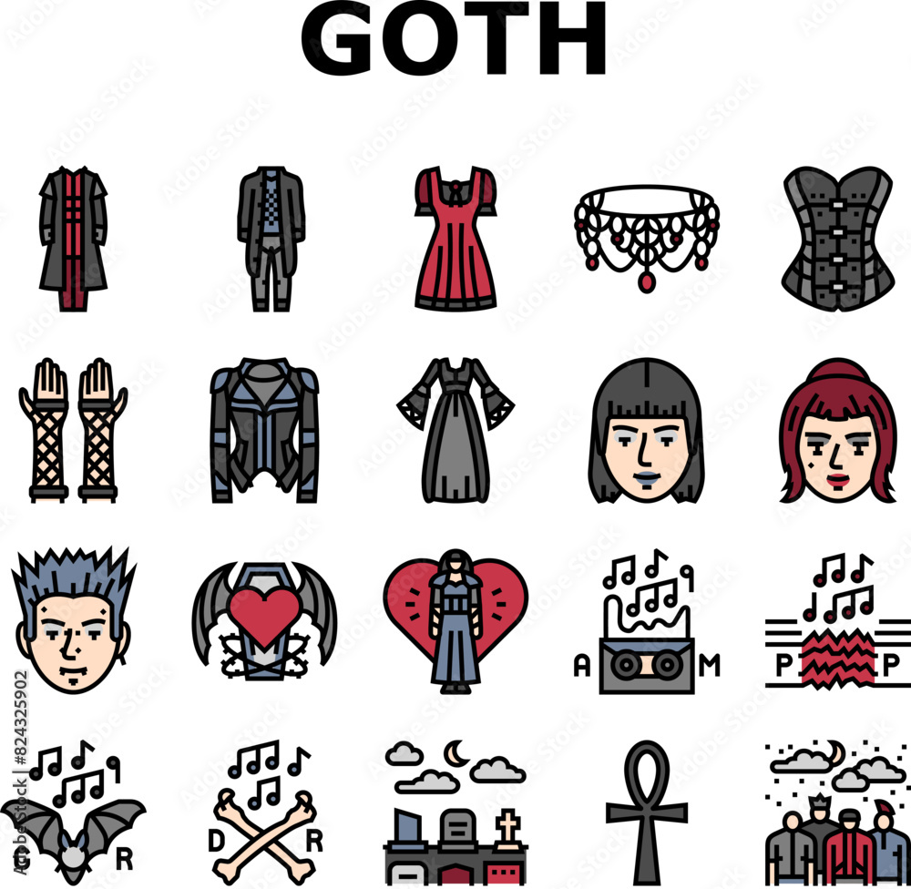 goth subculture punk gothic y2k icons set vector. heart tattoo, flame ...