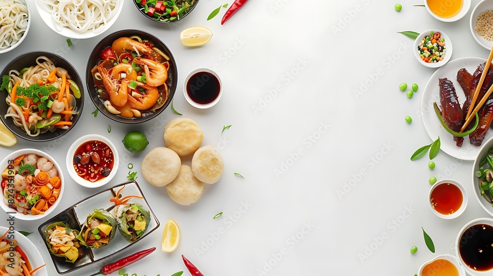 Authentic Chinese Food Spread Top View on Plain White Background in ...