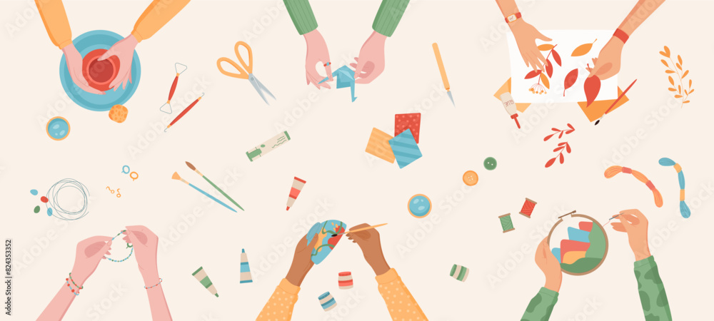 Cartoon DIY craftwork class background banner, flat hands making ...
