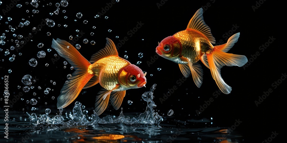 Photo Stock two goldfish jumping out of the water, isolated on black ...