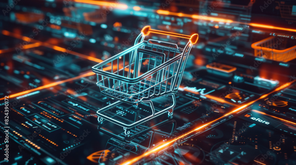 Low-angle view, online shopping scene, immersive CG 3D, virtual ...