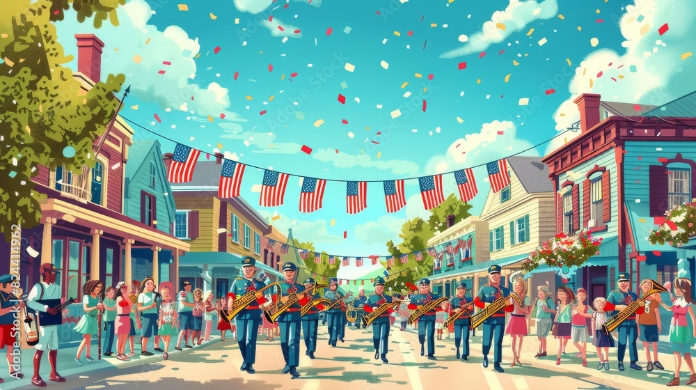 Colorful cartoon vector of a Memorial Day parade featuring marching ...