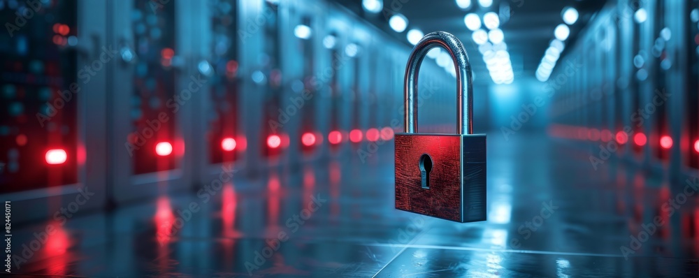 A secure server room with a lock symbolizing data protection ...