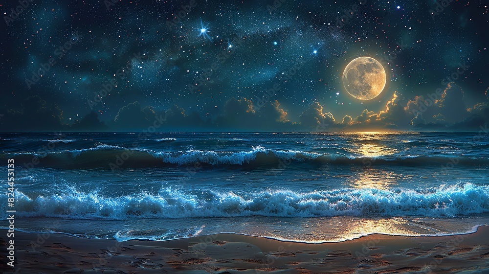 Nature Background, Moonlit Beach with Starry Sky: A peaceful beach bathed in moonlight, with the ...