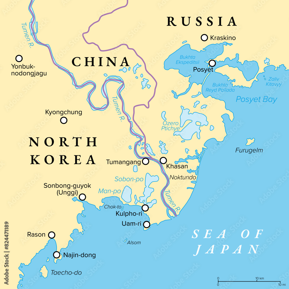 Tumen river flowing on Noktundo into Sea of Japan, political map ...