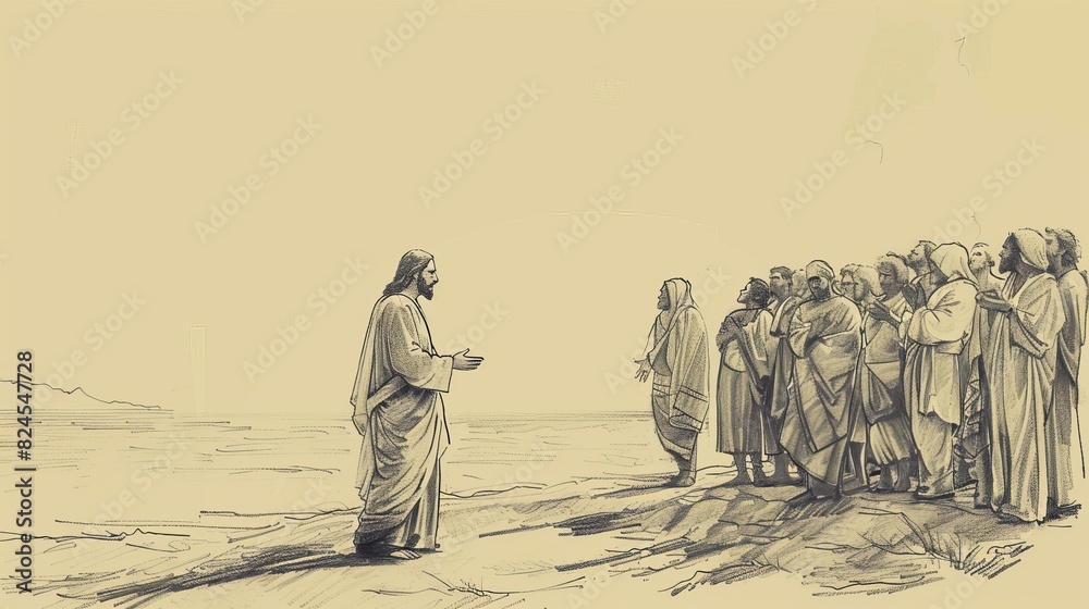Biblical Illustration of Jesus Teaching Crowds by the Sea of Galilee ...