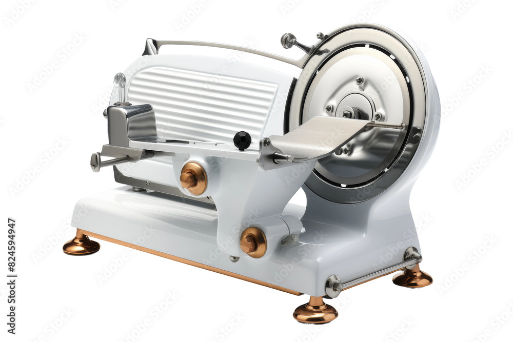 Elegant Fusion: A White and Gold Electric Meat Slicer on a White or ...