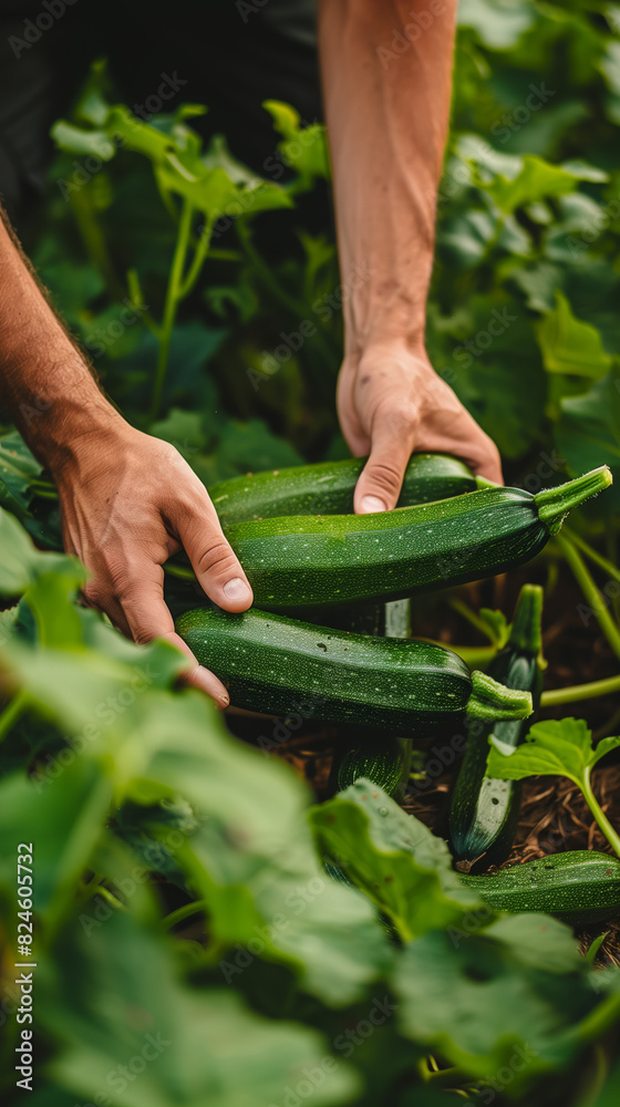 Hands harvesting fresh zucchini in a lush garden, capturing the essence ...