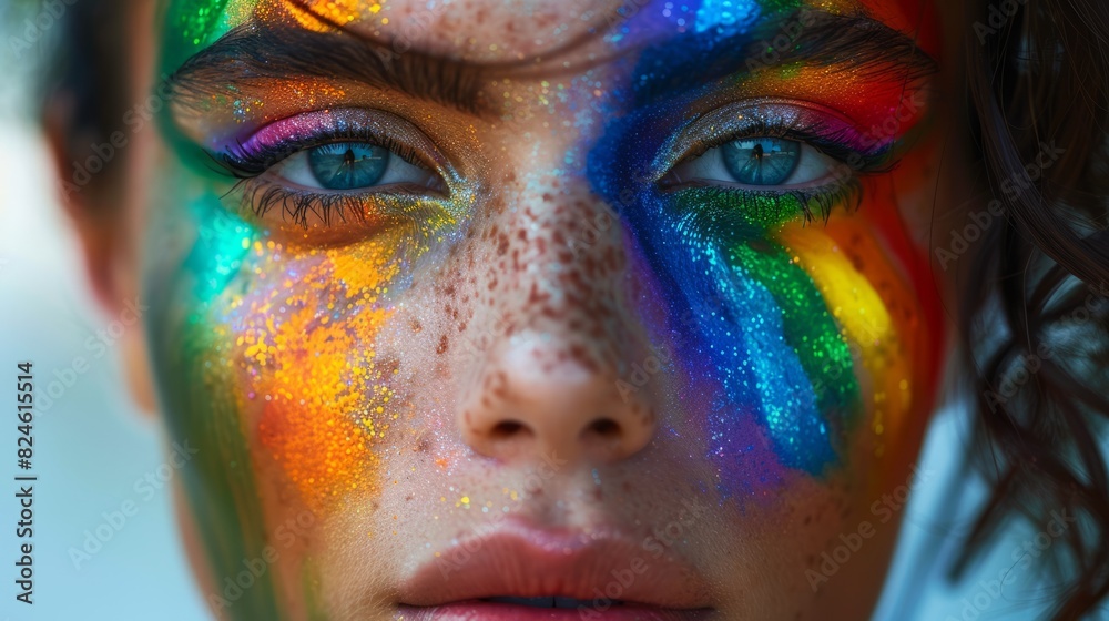 Stock-Foto „Hermosa mujer joven con la cara pintada con la bandera LGBT ...