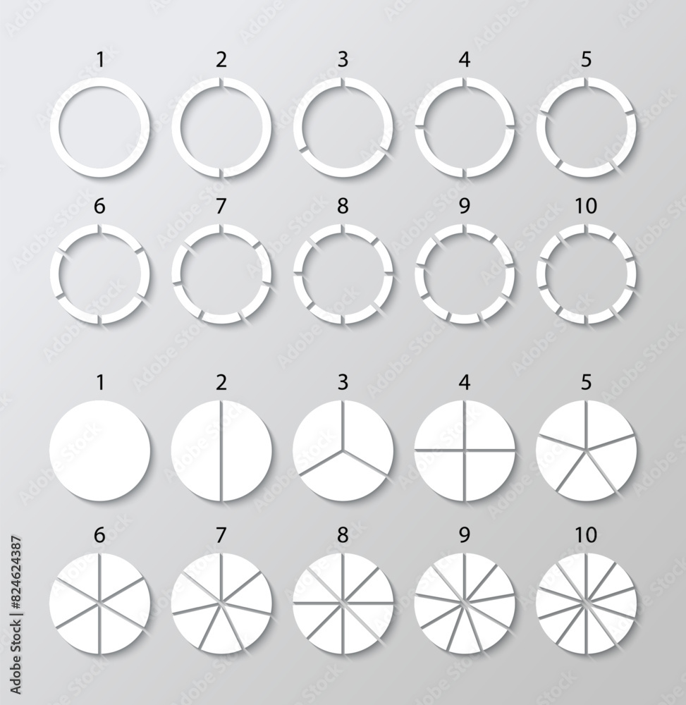 White circle graph with segments structure chart. Set of circular ...