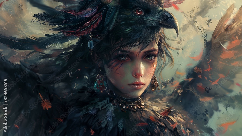 Mystical shaman girl with raven feathers 2D cartoon illustration ...