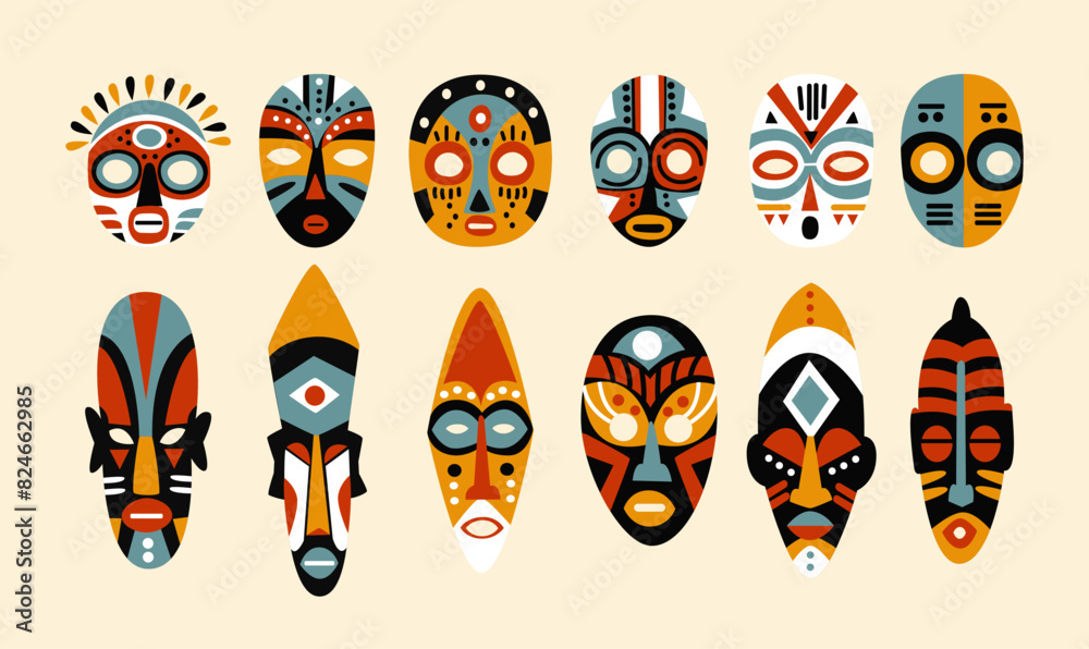 Totemic African tribal masks. Set of ritual mythological ethnic ...