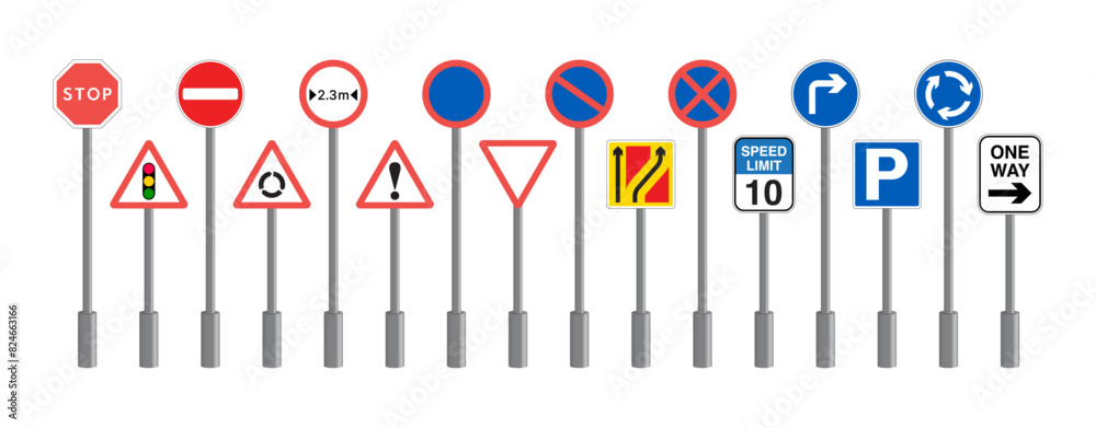 Realistic European Road Signs on Poles. Set of road signs, Traffic ...