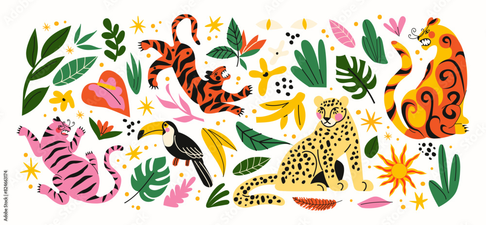 Stickers exotic tropical leaves, tigers, leopards and wild animals ...