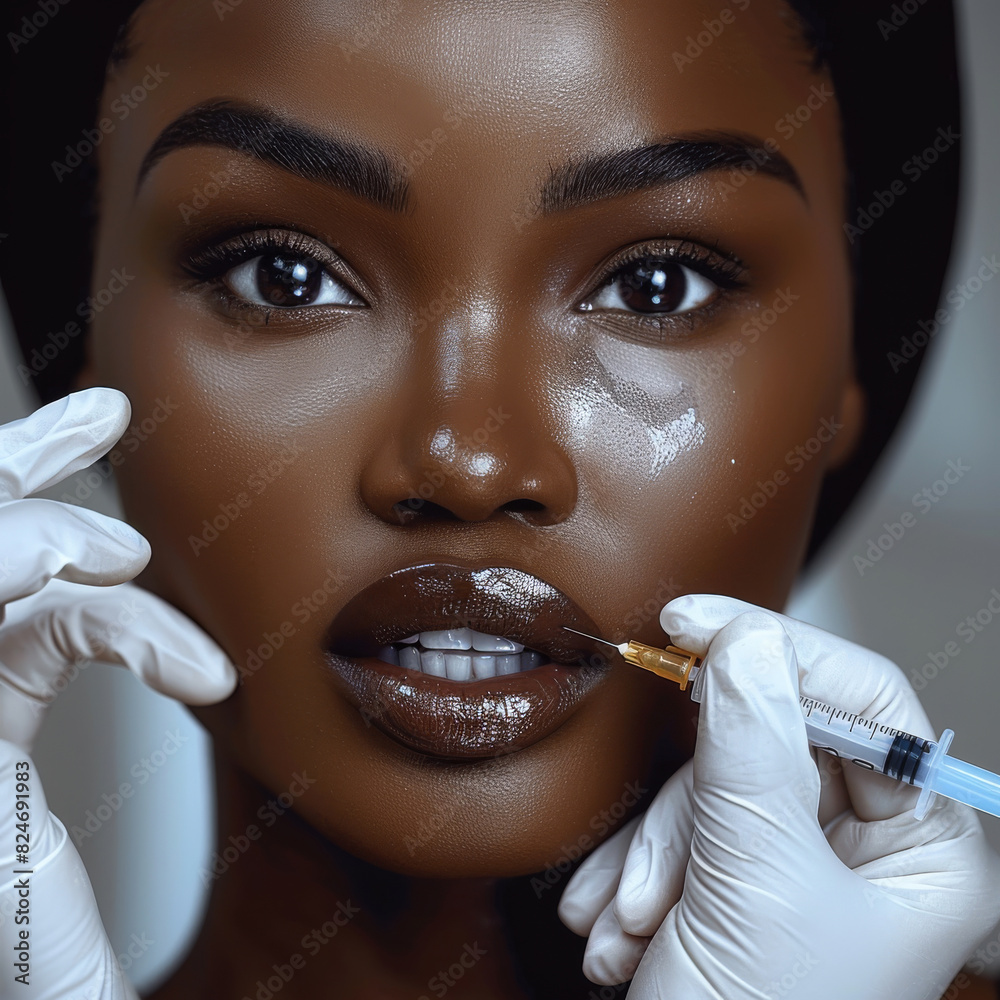 Black woman getting Botox treatment on her face, white background ...