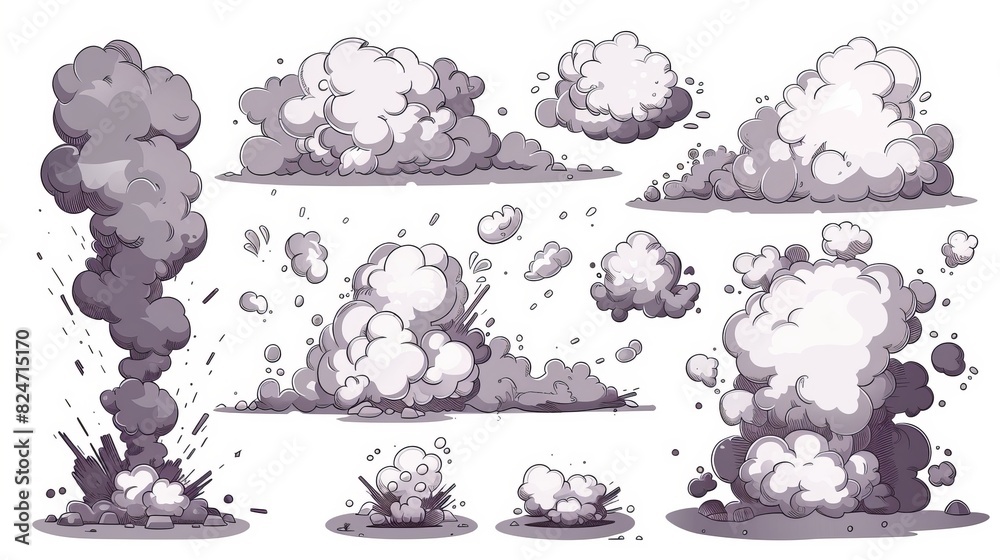 Energy explosion 2D VFX illustration with steam clouds, puffs, mist ...