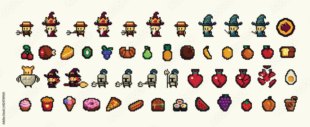 Food pixel art 80s style icons element design stickers, logo, mobile ...