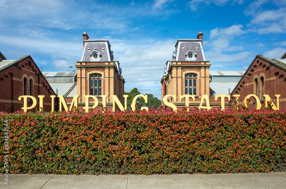 Sign of the Pumping Station outside its historic building. The station ...