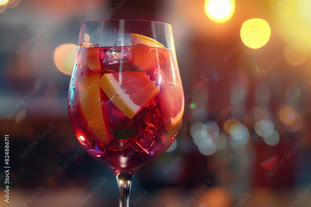 Sangria cocktail with fruit on red wine blurred background. A summer ...