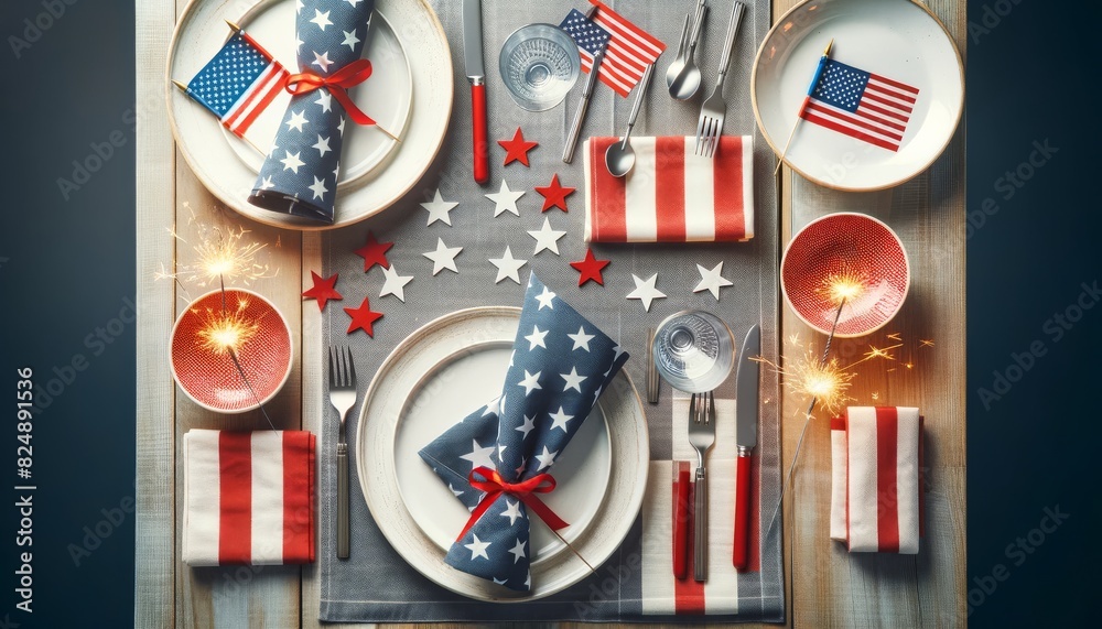 Top view of a 4th of July dinner table with star-themed decor ...
