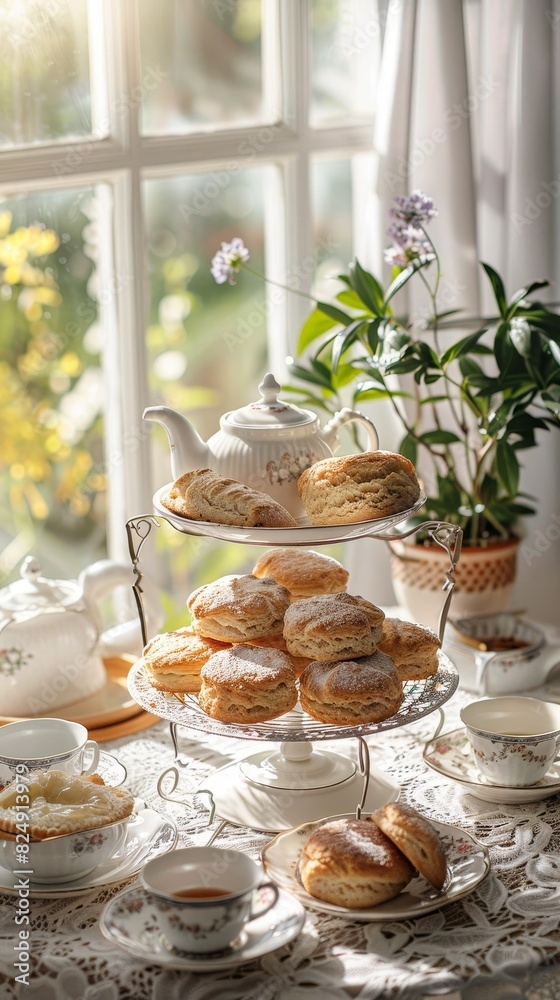 A cozy afternoon tea setup with a variety of English biscuits and ...